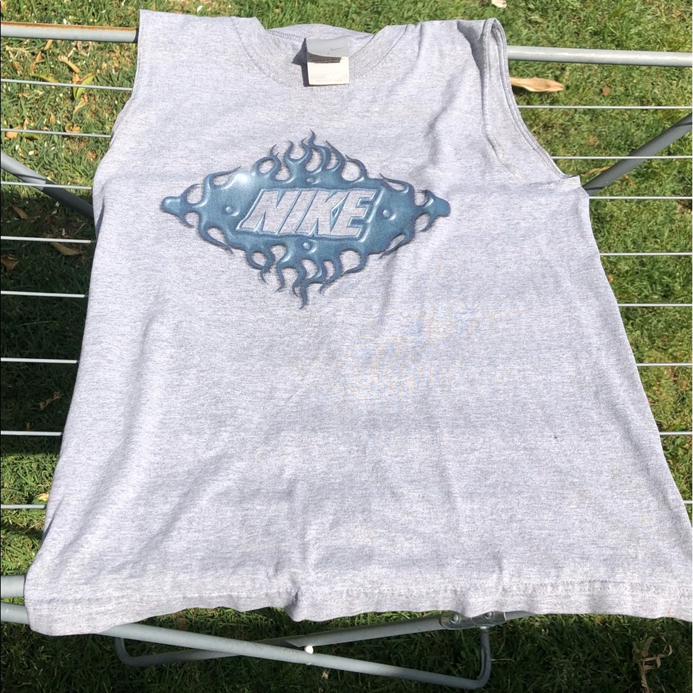 Vintage Nike Word Blue Fire Graphic Muscle Tee - Gem